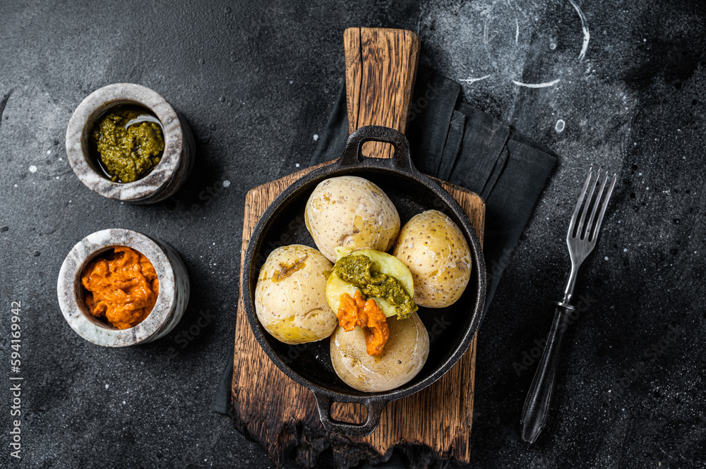 Papas arrugadas Canary islands wrinkled potatoes with green and red ...