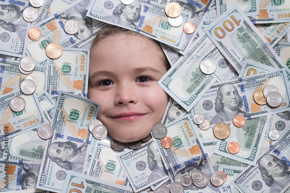 Winner money. Kid with fun face in money. Kid peeking out of dollar ...