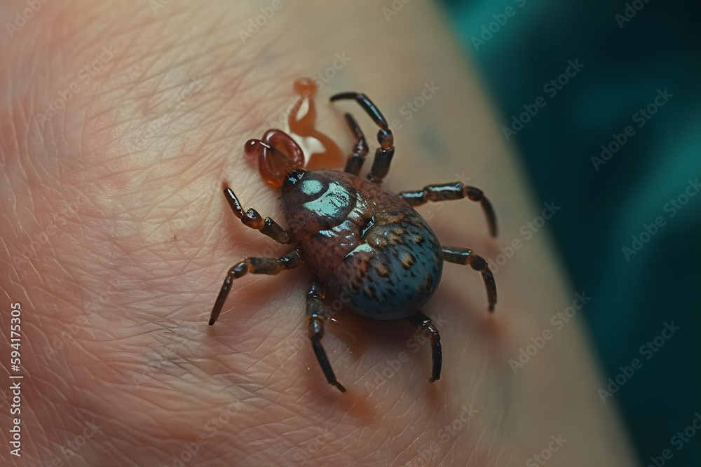Infected female deer tick on hairy human skin. Ixodes ricinus ...