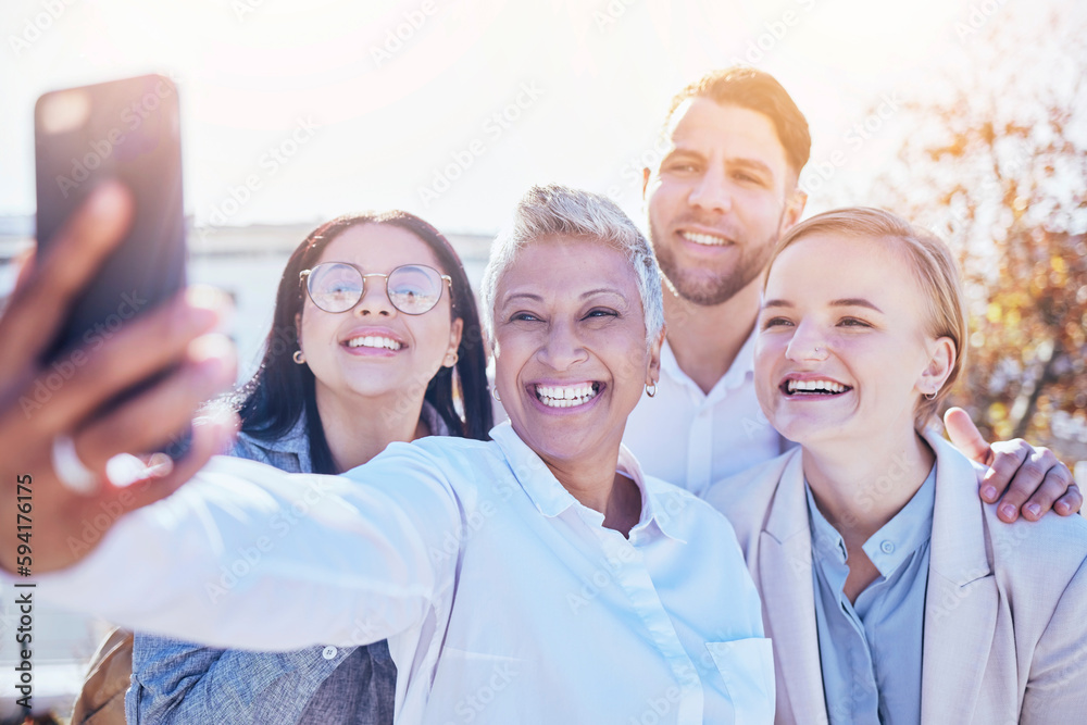 Happy business people, smile and selfie for profile picture, team building or friends in the ...