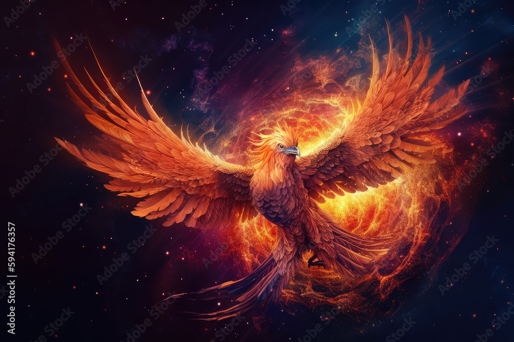 Powerful Epic Legendary Phoenix Spreading Glowing Wing in Universe ...
