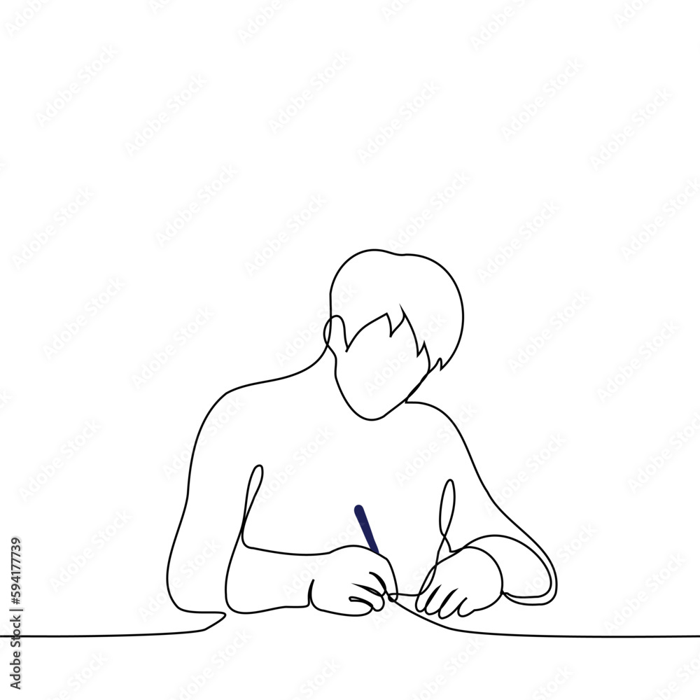 man sits at the table and writes with a pen - one line drawing vector ...