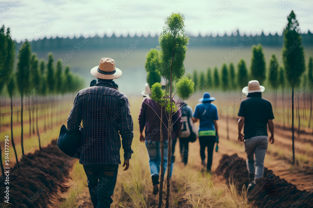 Rear view of a tree planter a man walks along the future tree planting ...