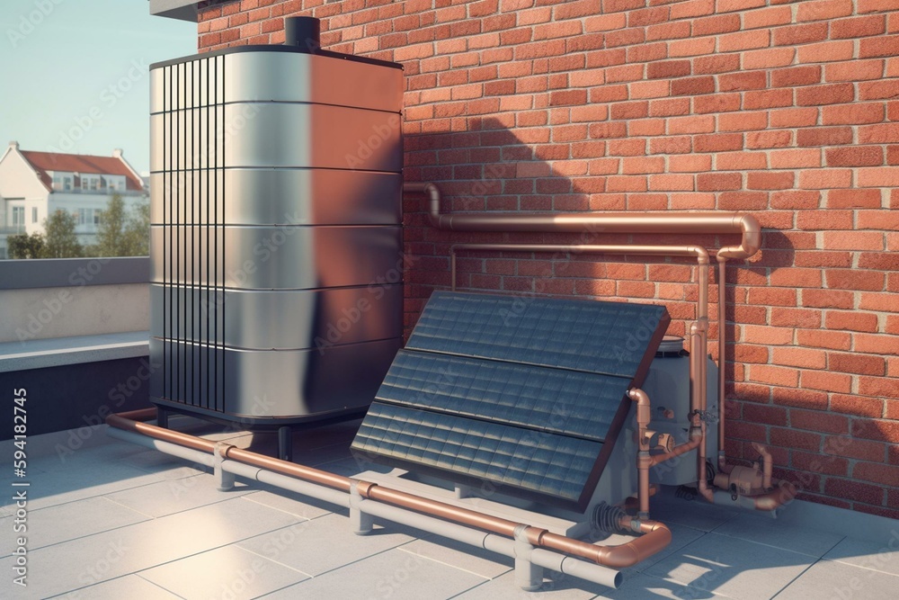 Solar water heater, panels and boiler on tiled roof background. 3d ...