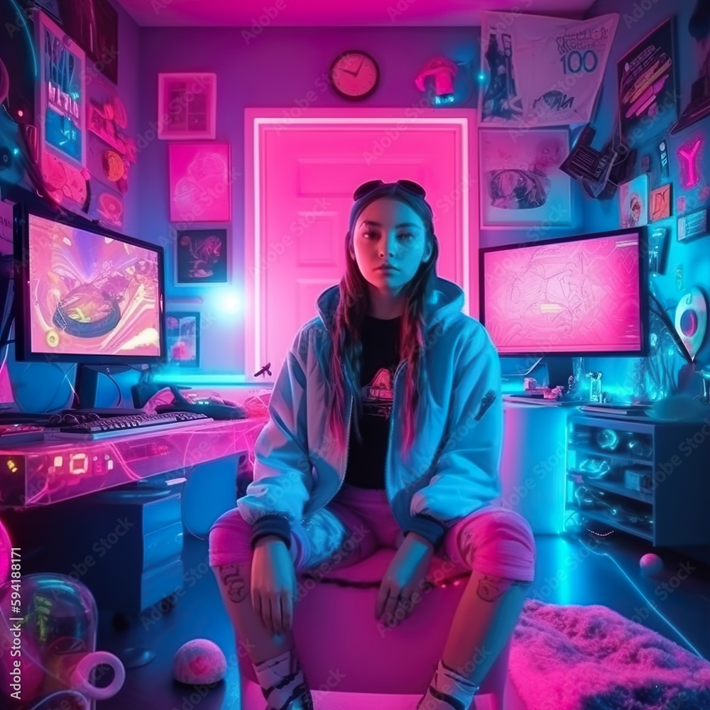 Generative Ai, young girl in a room with tecnology filled with neon ...