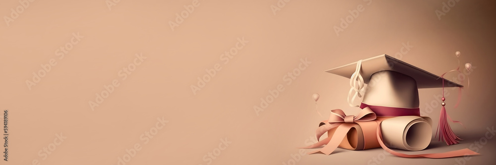 Graduation cap on a pink background with space for text. With ...