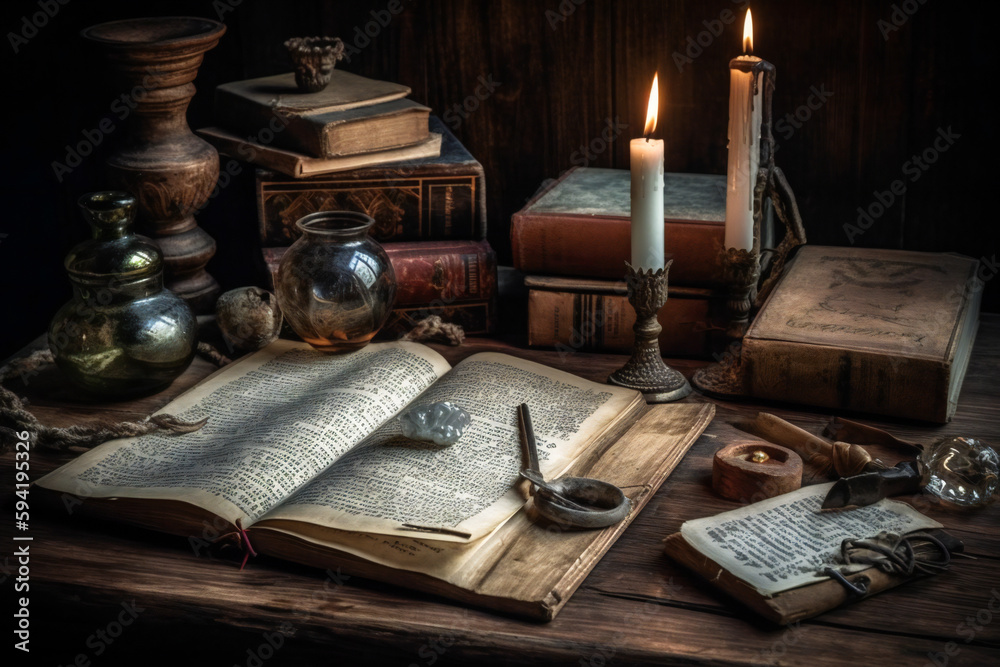 Astrologist old desk with divination and hermetic ritual objects ...