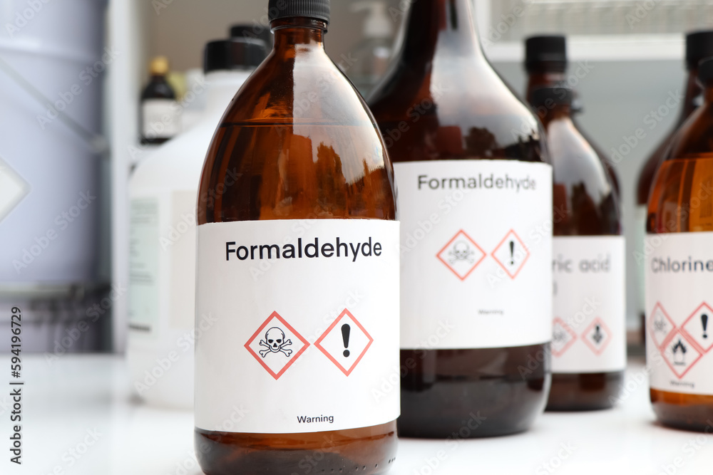 Formaldehyde, Hazardous chemicals and symbols on containers Stock Photo ...