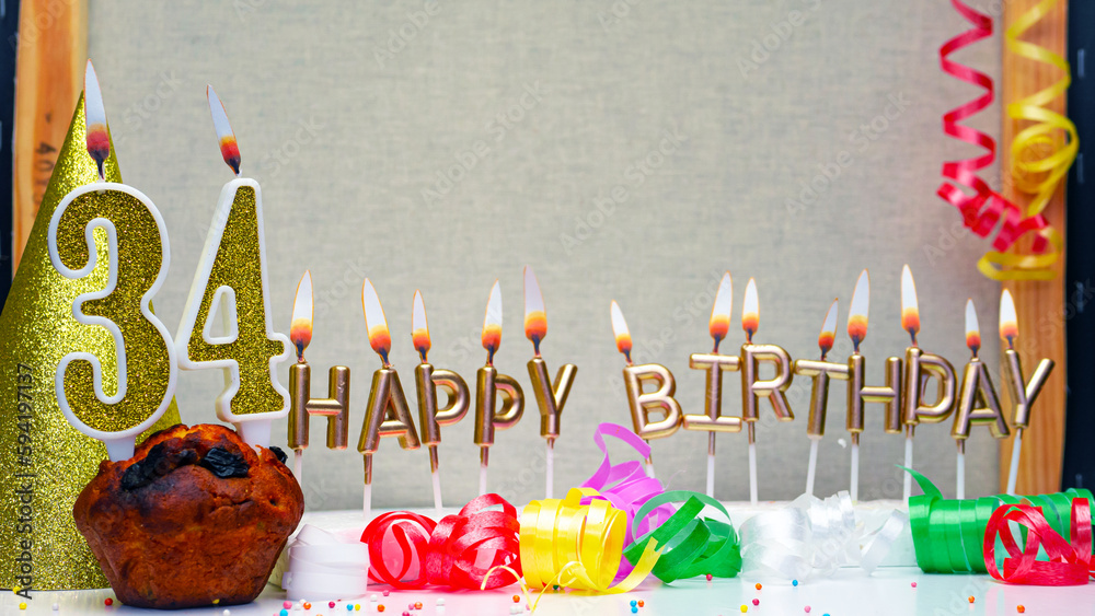 Happy birthday background with golden candles and decorations with ...