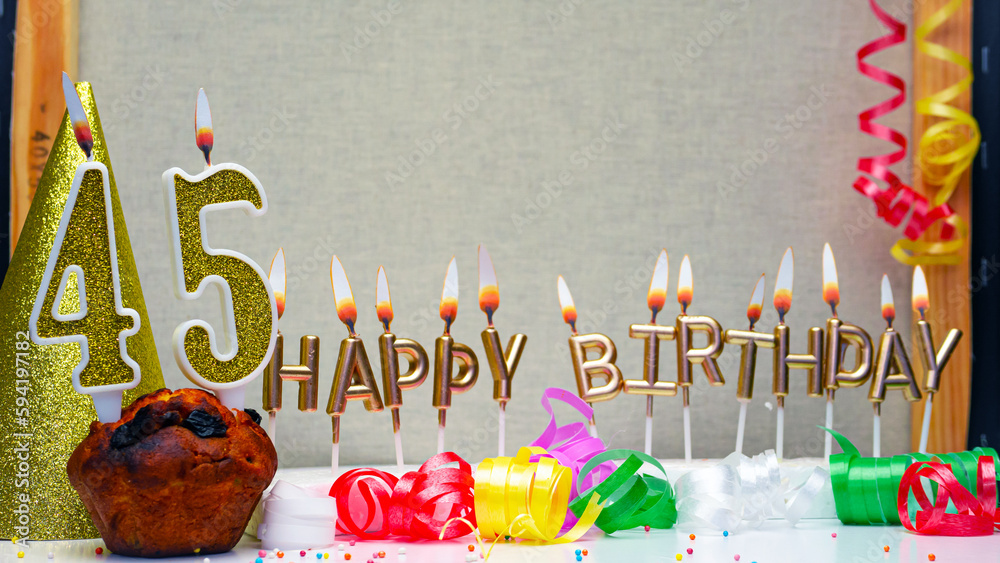 Happy birthday background with golden candles and decorations with ...