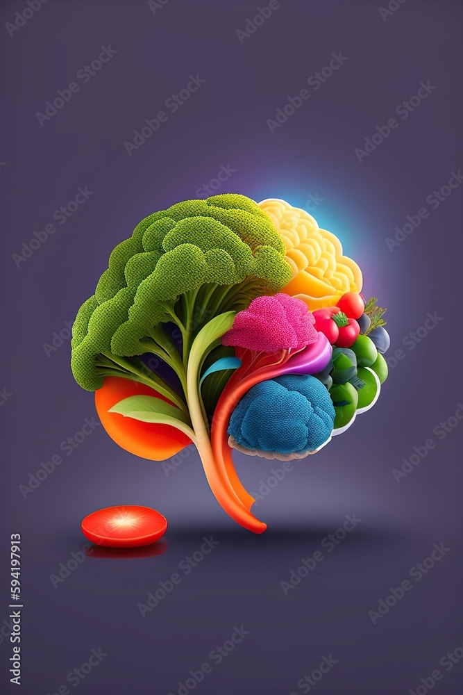 healthy brain, healthy eating, illustration of human brain with ...