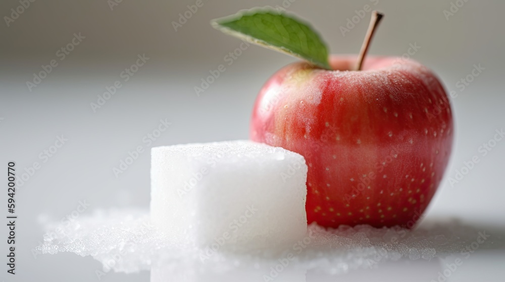 Ein roter, saftiger Apfel neben einem weißen Zuckerwürfel vor weißem ...