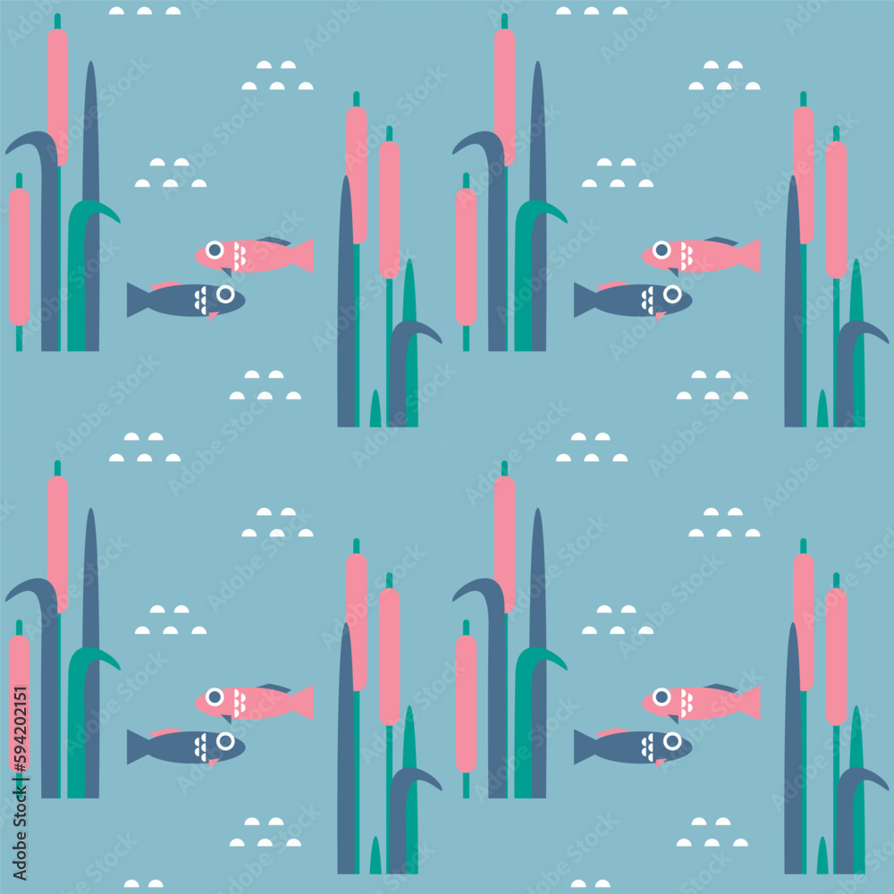Seamless pattern with fish in the reeds on the lake for printing on ...