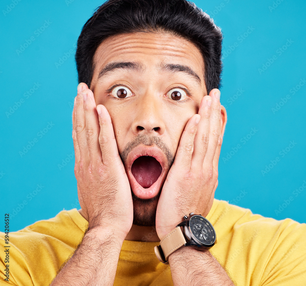 Surprised, wow and portrait of shocked man face or emoji reaction to an ...