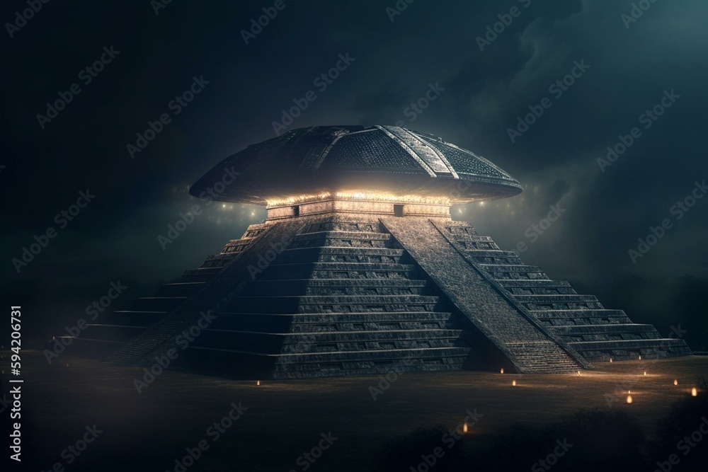 Flying saucer on Maya pyramid ruins Chichen itza in the early night ...
