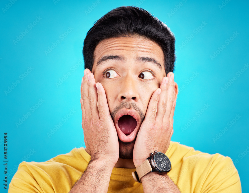 Surprised, announcement and shocked face of a man or emoji reaction to ...