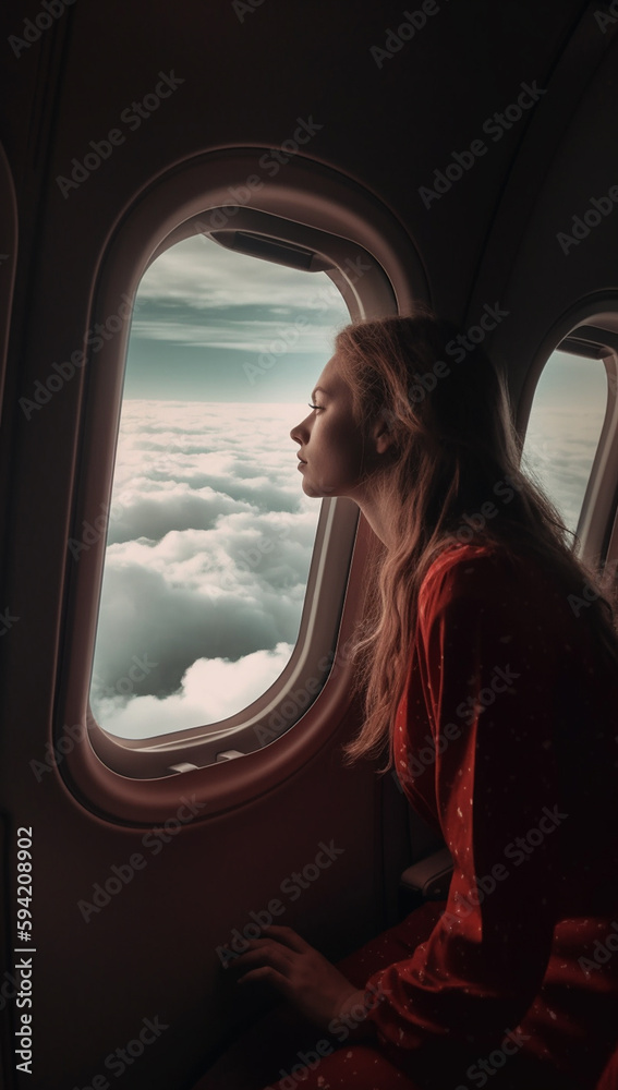 A woman leans out of an airplane window to look at the clouds, amber ...