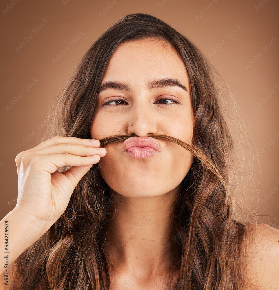 Hair care, comic mustache and face of woman for wellness, hairstyle and ...