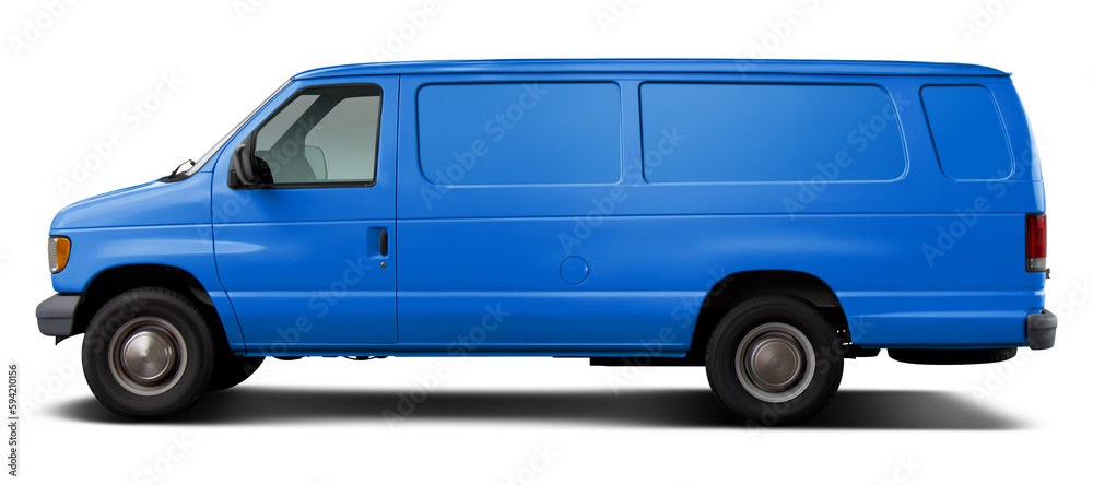 Classic American light blue cargo van. Side view on a transparent ...