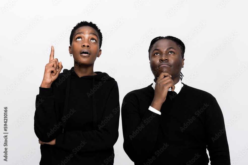 Curious african american black woman and man thinking considering of ...