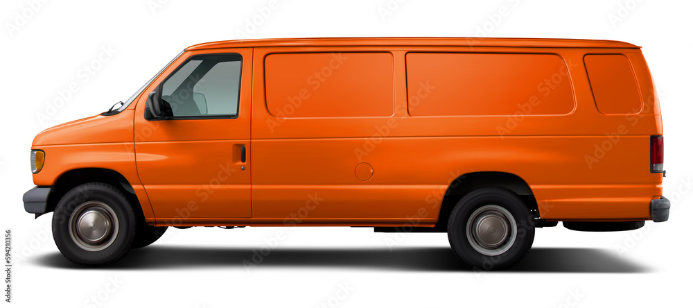 Classic American orange cargo van. Side view on a transparent ...