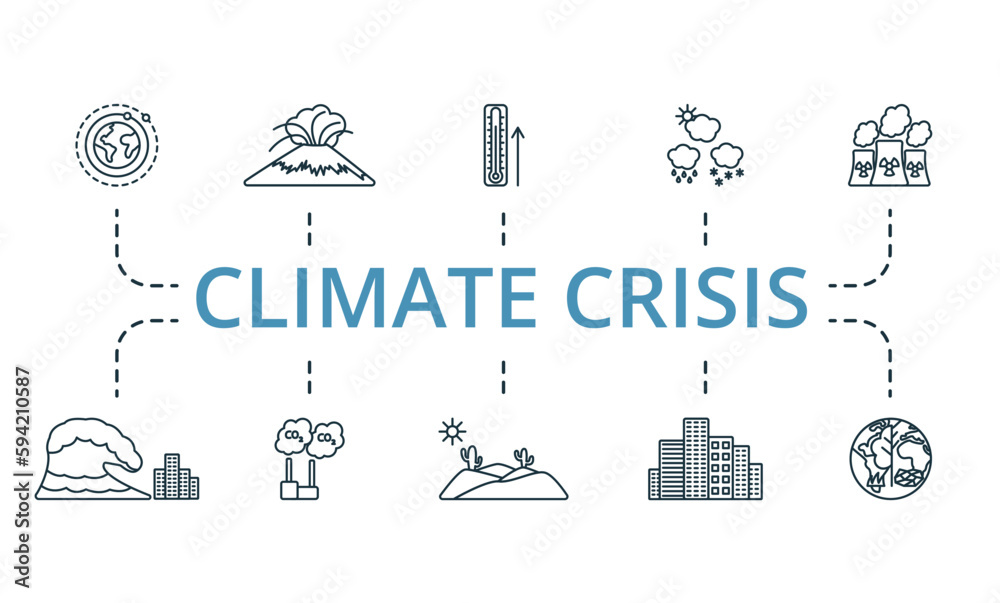 Climate crisis outline set. Creative icons: changes orbit, vulcanism ...