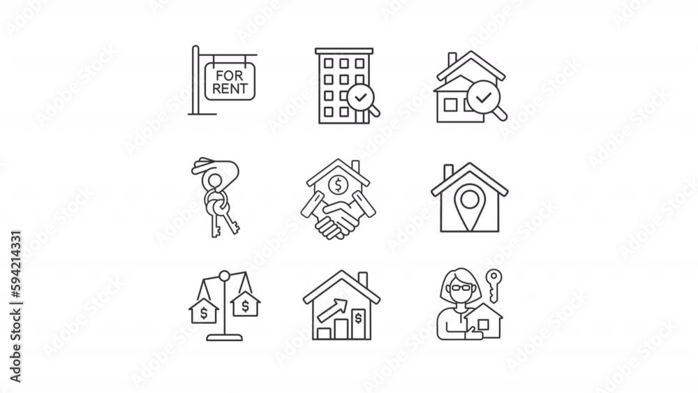 Rental property linear animation set. Real estate investing. Broker ...