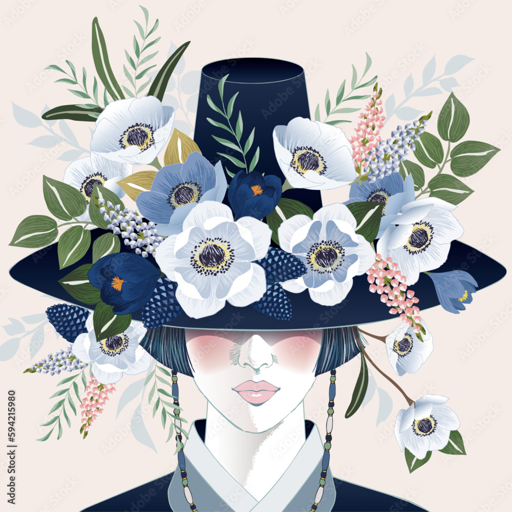 Vector illustration of a girl wearing a "Gat", Korean traditional hat ...