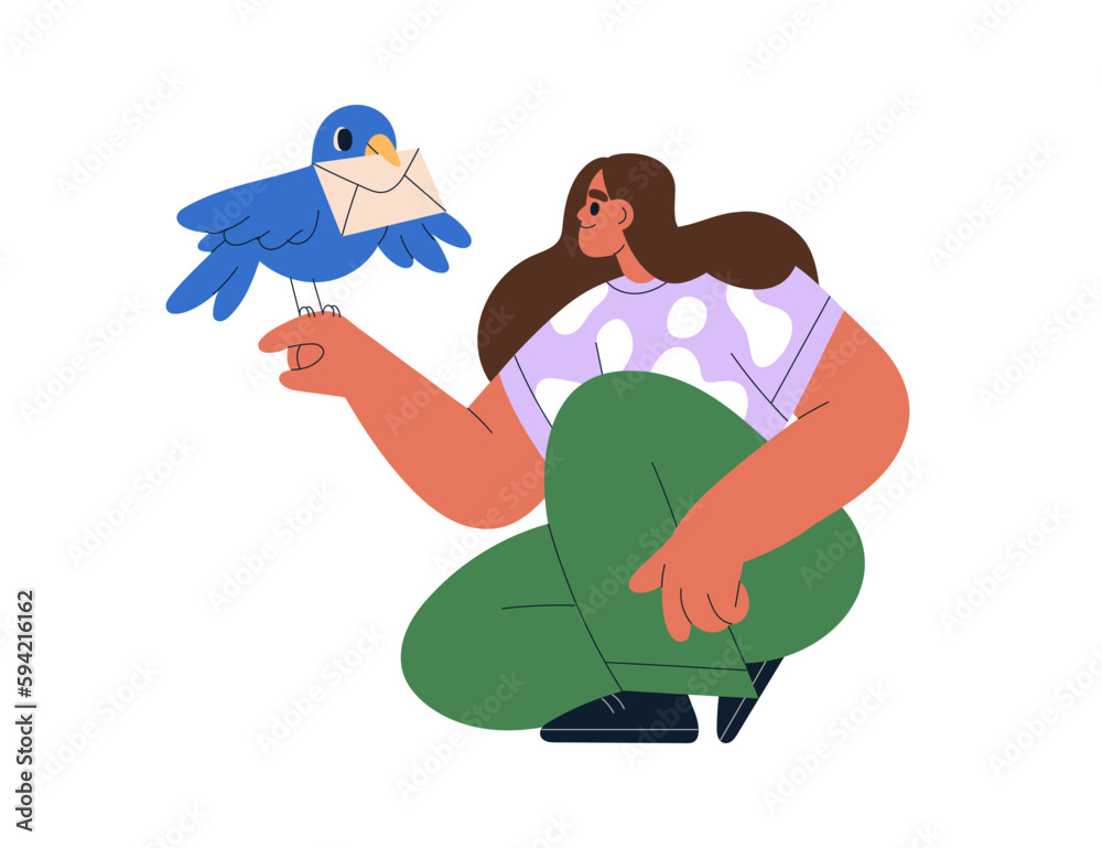 Bird with envelope delivers mail letter to woman. Receiving news ...