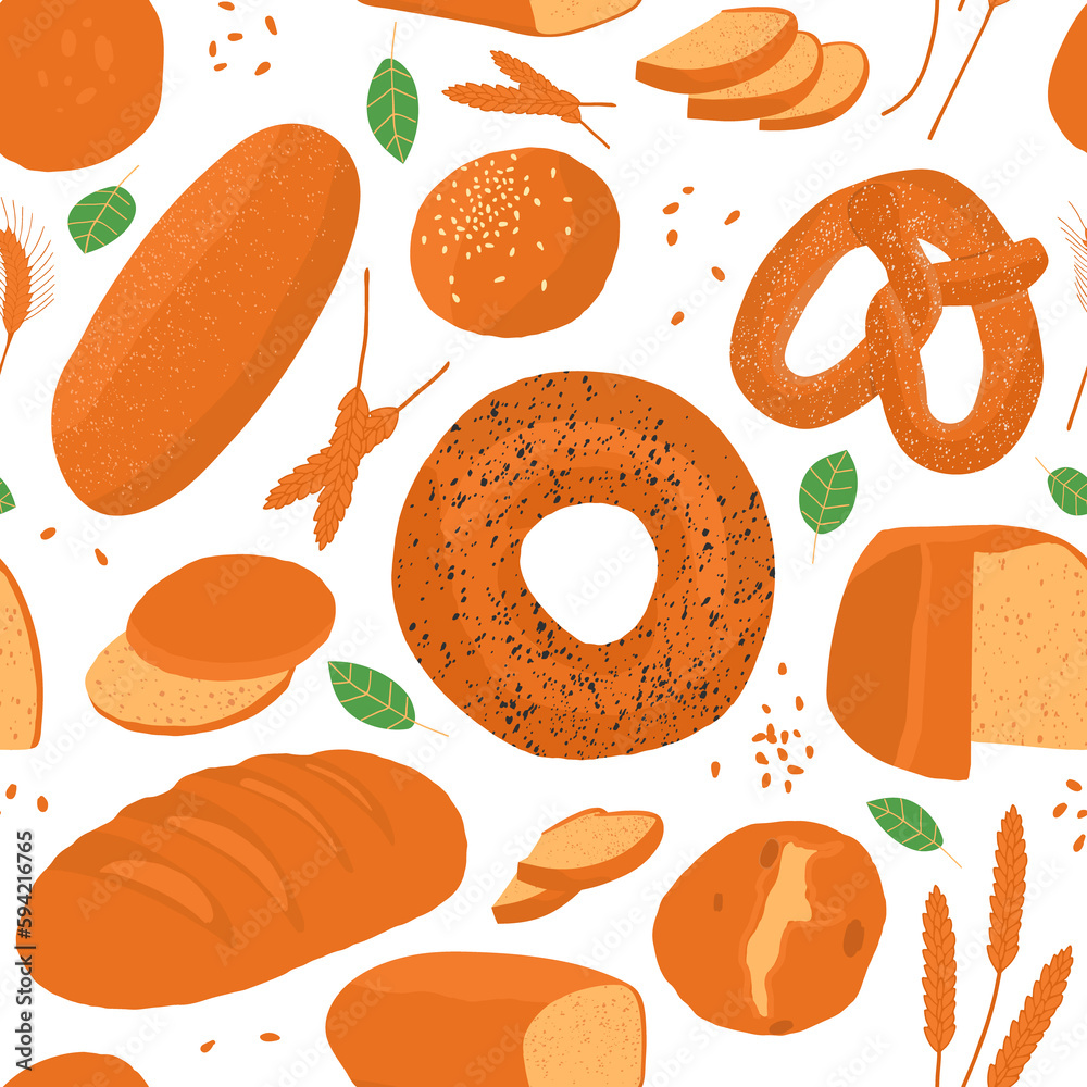 Bakery concept. Seamless pattern with various kinds of bread stuffed ...