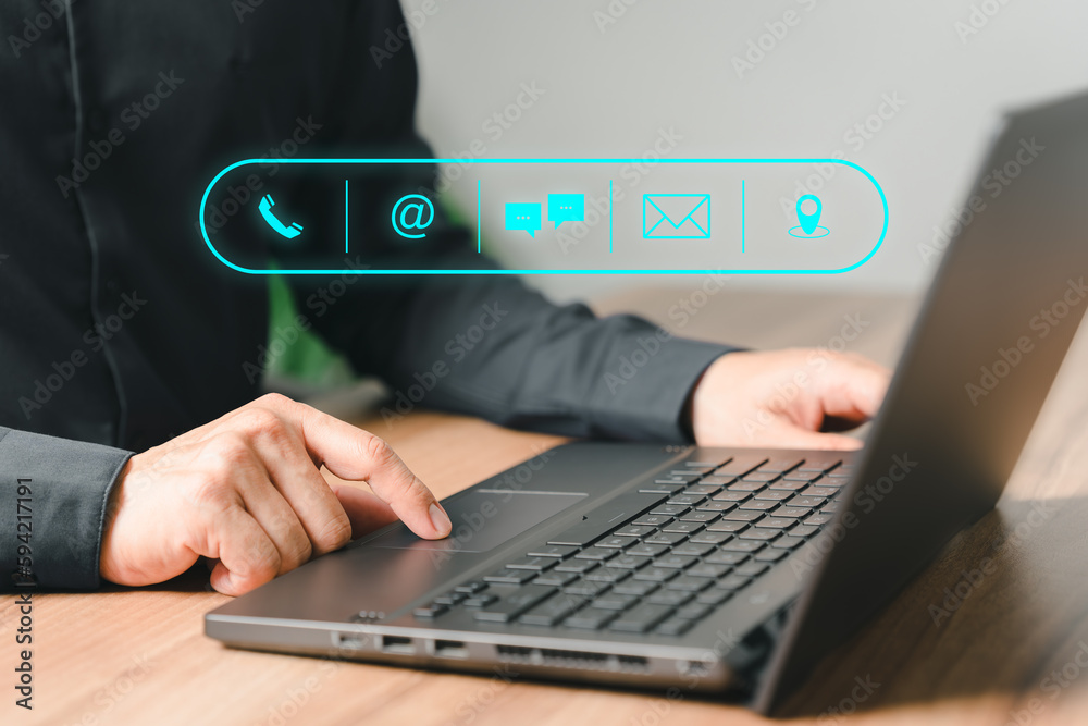 Client man using computer laptop with the virtual screen on the call ...