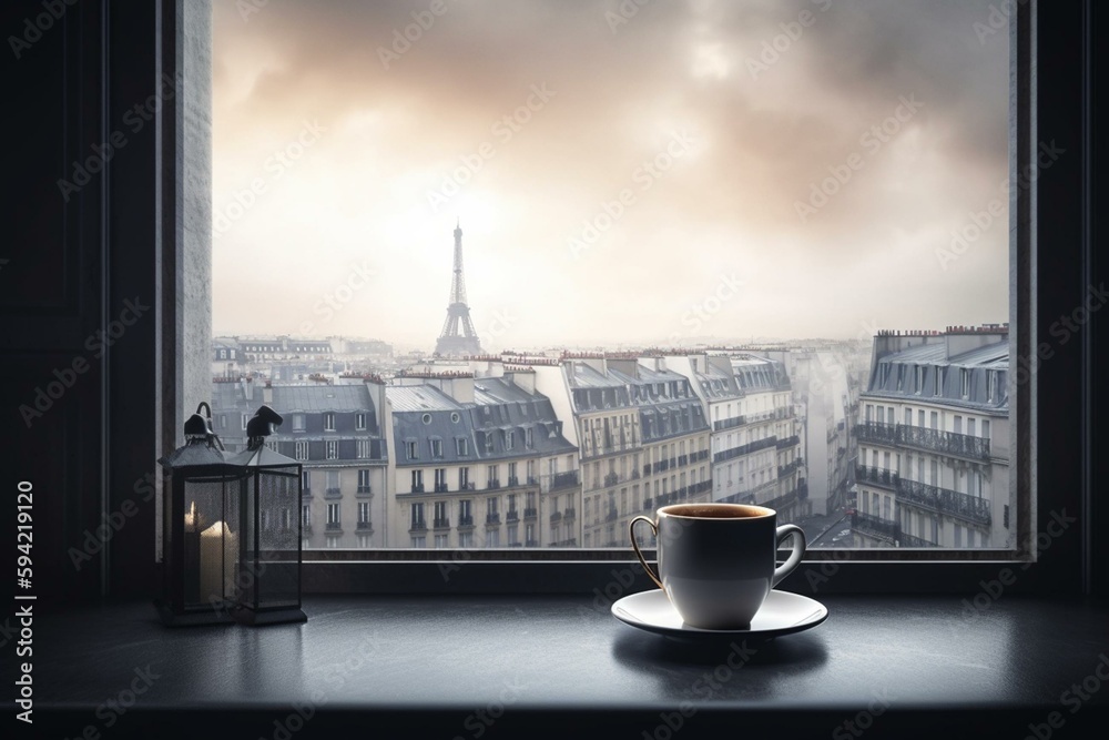 Coffee in a room window with a stunning view of the Paris city. AI ...
