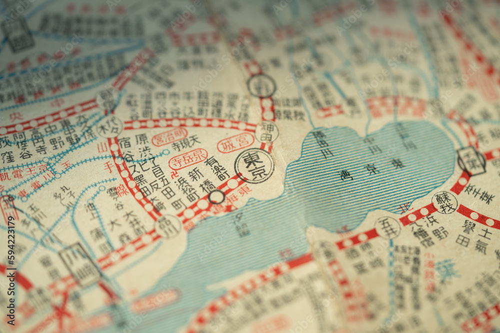 location of Tokyo in Japanese Kanji, Japan retro map before World War ...
