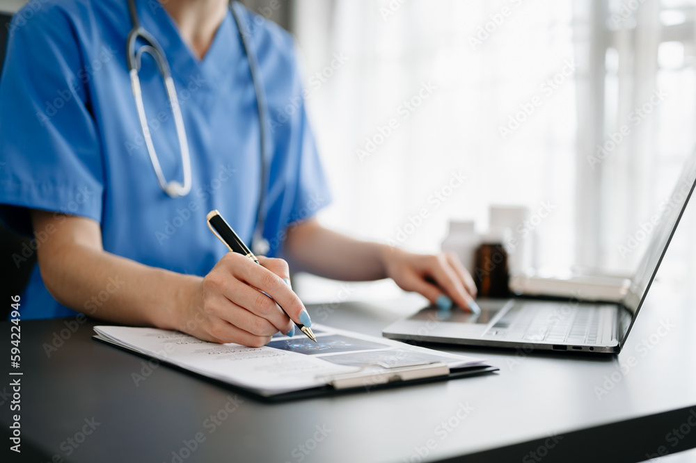 Medical technology concept. Doctor working with mobile phone and ...