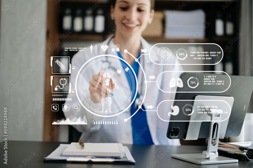 Medicine doctor using digital tablet and smartphone diagnose virtual ...