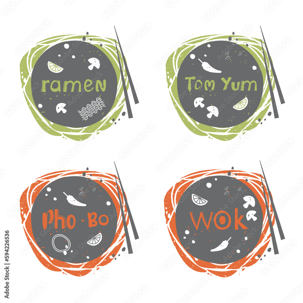 Plate with ramen, tom yum and pho bo. Vector hand drawn icons for ...