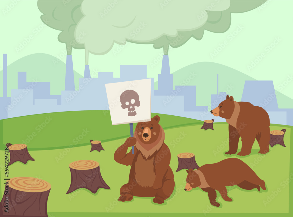 Vetor de Sad comic bears suffering from air pollution and deforestation ...
