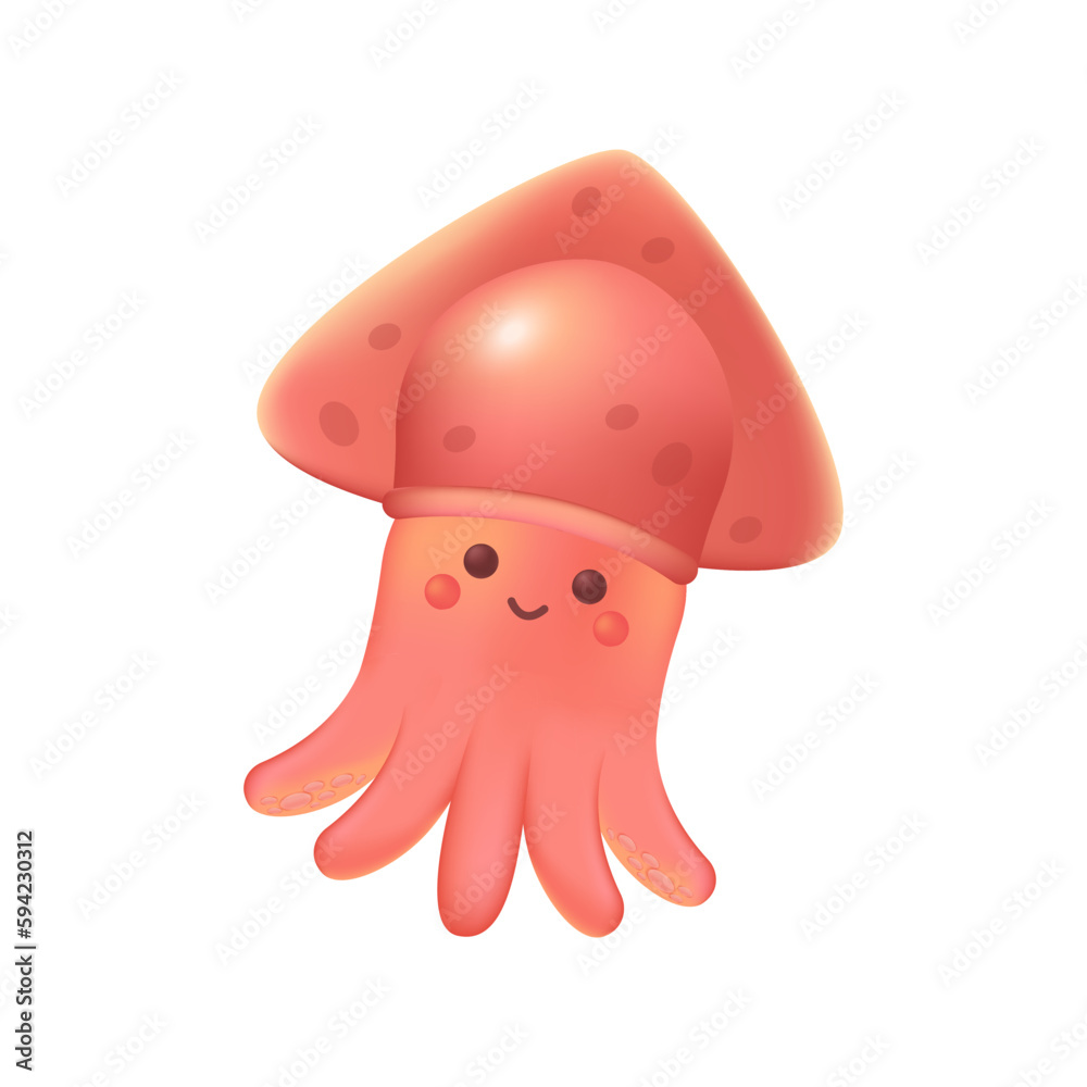 Adorable red squid 3d vector illustration. Cute marine creature ...
