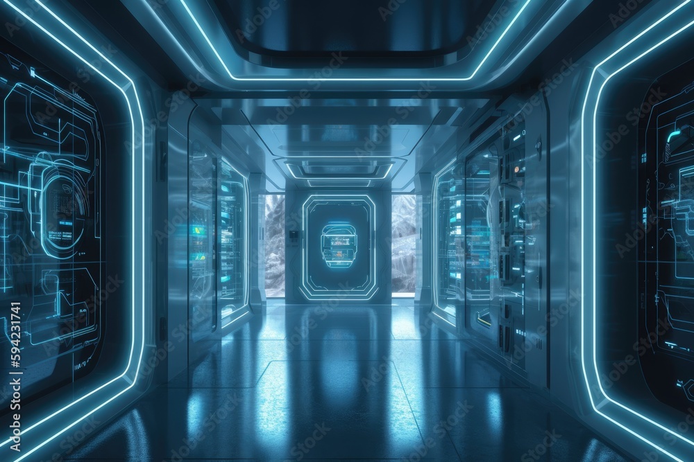 Sci-fi hallway interior with computer and monitor screen on the wall ...