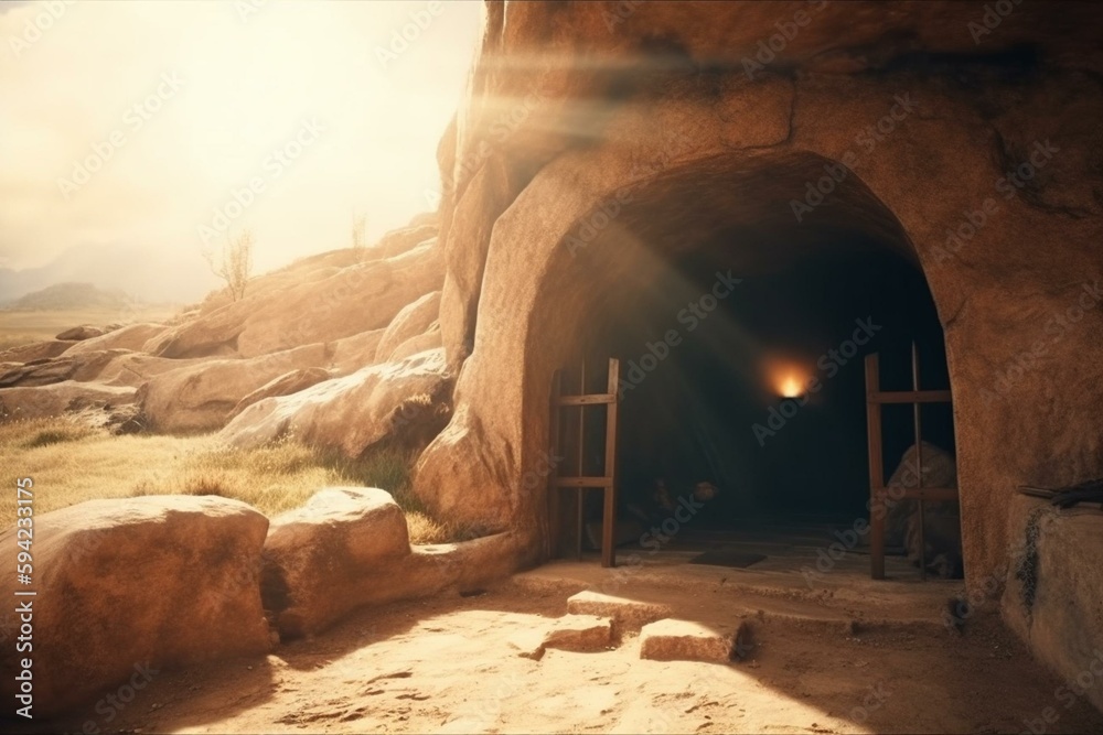 Resurrection of Jesus Christ. Empty tomb of Jesus with crosses in the ...