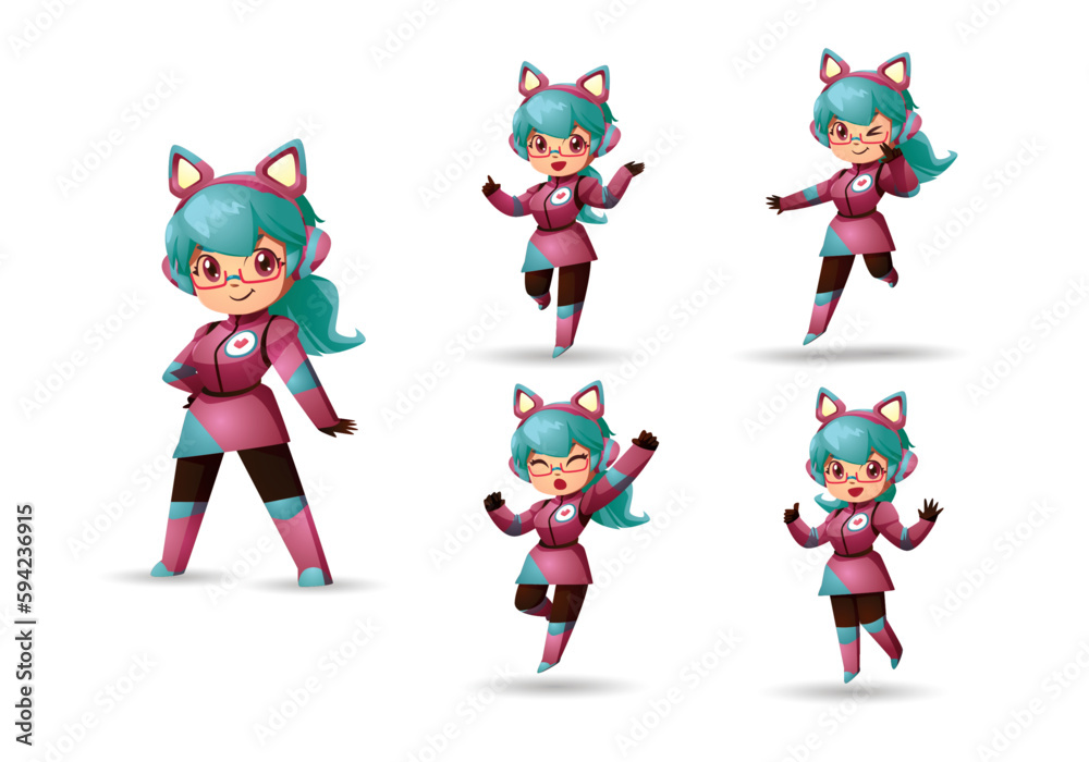 Cute pink gamer cosplay cyber hero cat glasses girl character mascot ...