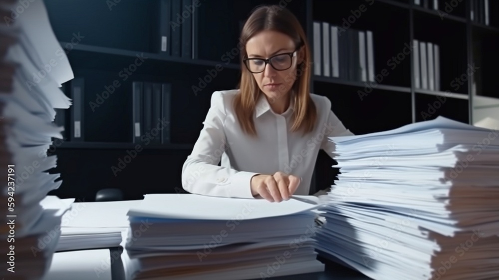 Businesswoman scanning and inspecting incomplete documents in stacks of ...