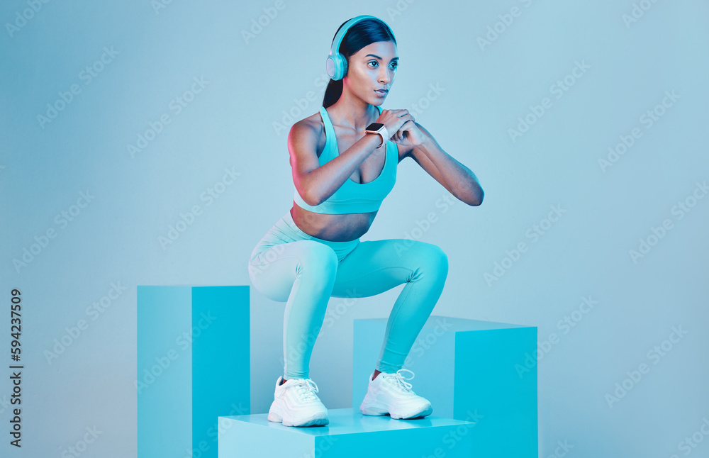 Sports, squat and woman with balance, workout goals and healthy ...