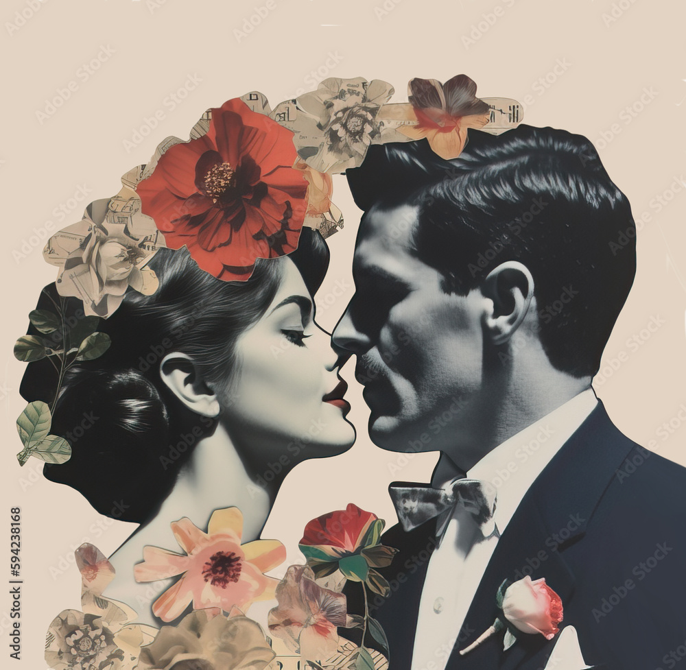 Vintage collage Illustration of a couple, man and woman in a very ...