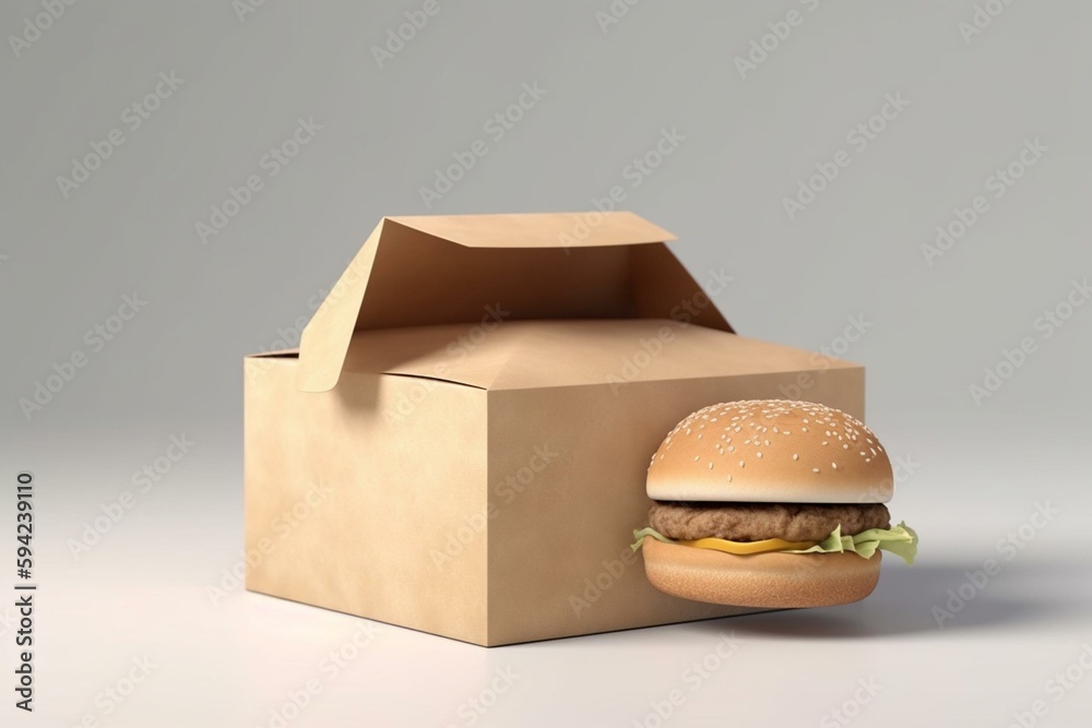 Blank craft burger box mockup, isolated, side view, 3d rendering. Empty ...