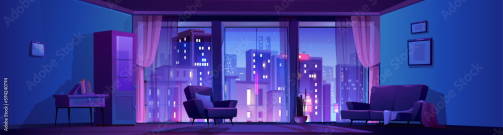 Night living room interior with panoramic window cartoon vector ...