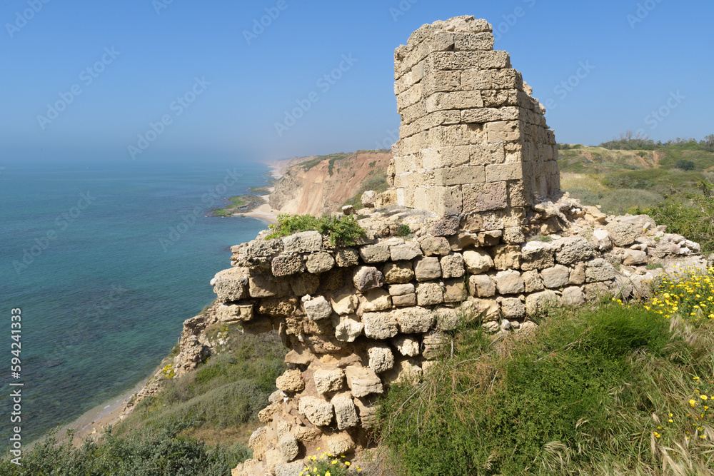 Crusader castle in the ancient town of Apollonia (Tel Arsuf) on ...