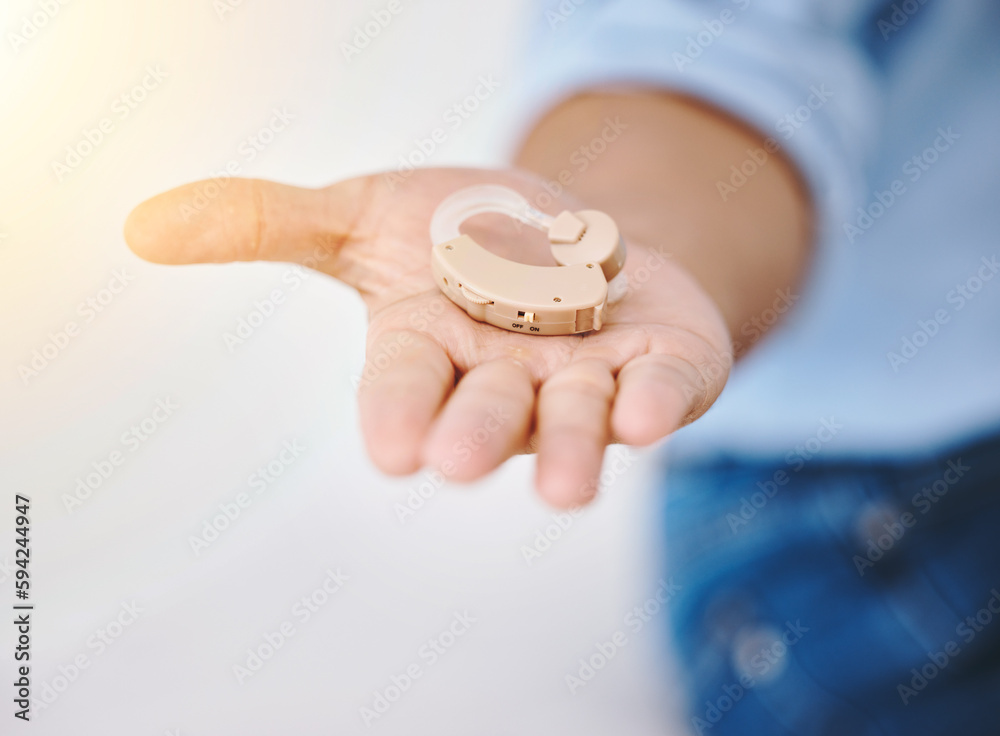 Hearing aid, hands and person with disability for medical support ...