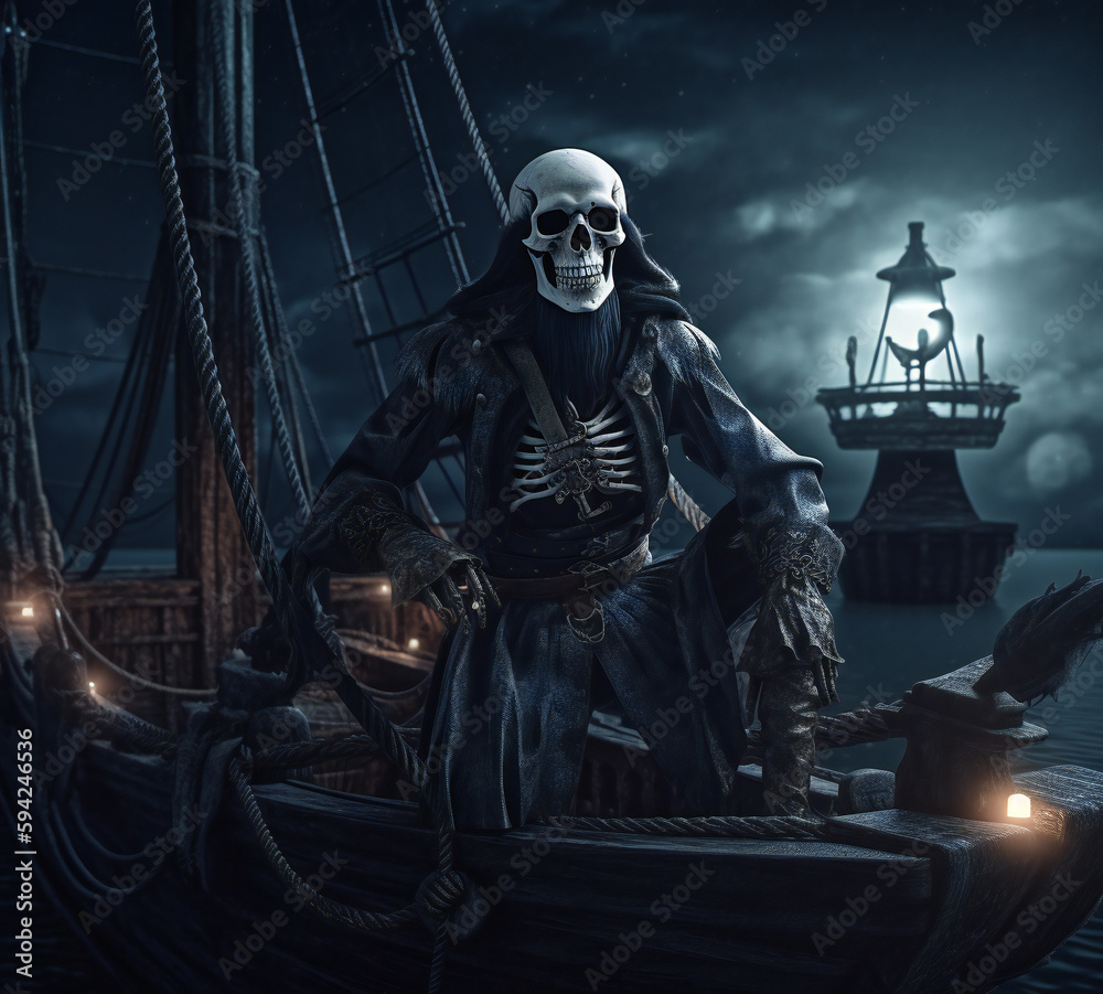 Death at sea. Skeleton pirate on a pirate ship deck at sea. AI ...