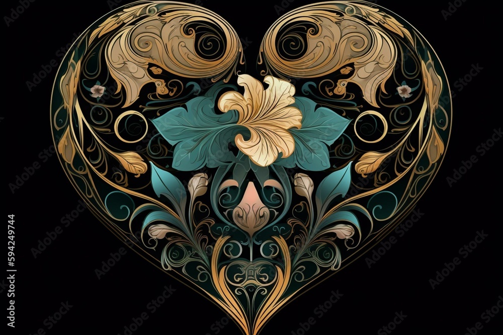 heart shaped object with leaves and swirls on a black background with ...